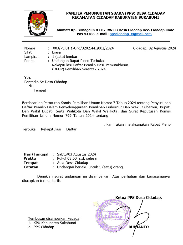 Undangan DPHP Pps Cidadap To Pantarlih Ok | PDF