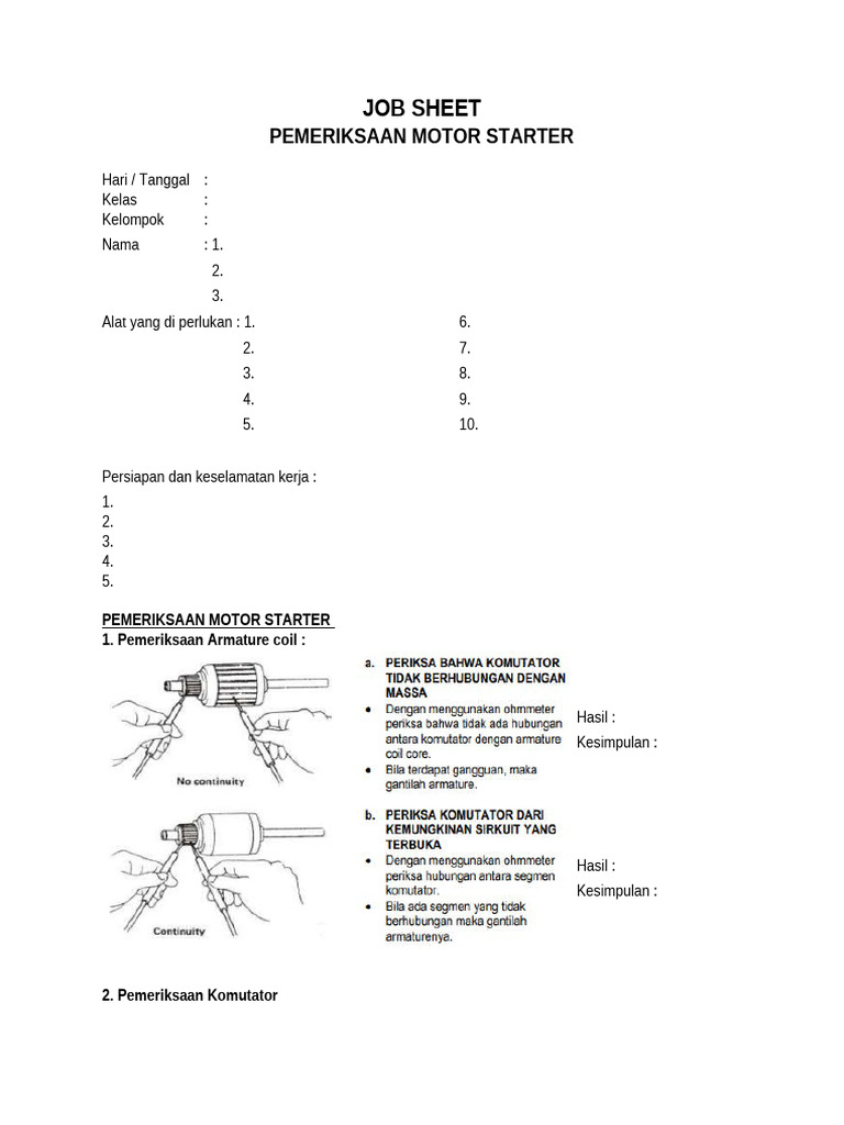 Job Sheet Pemeriksaan Motor Starter | PDF