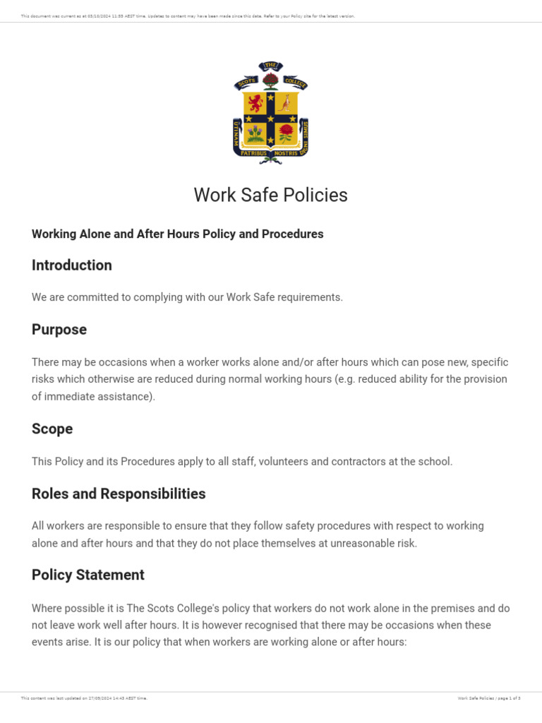Working Alone and After Hours Policy and Procedures | PDF