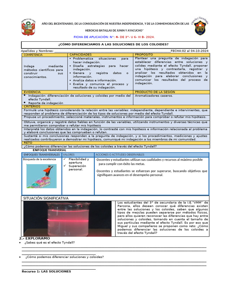 Ficha de Aplicación y Lectura 4 de 3° - U 6 - Iii B - 2024. | PDF | Solubilidad | Solvente