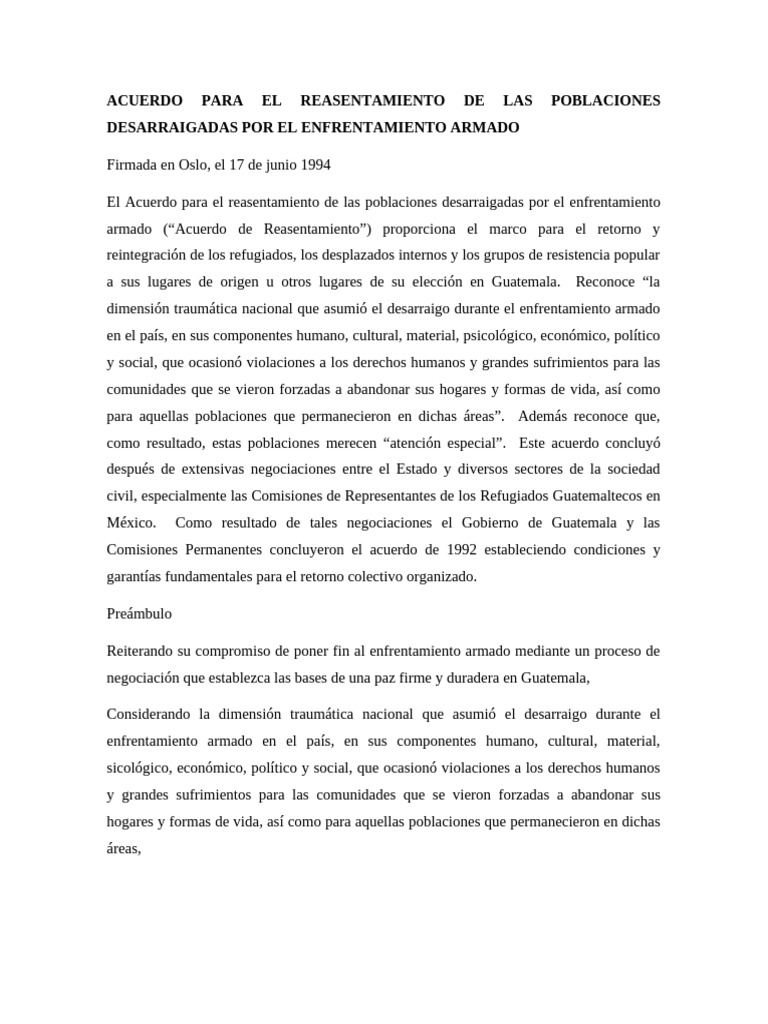 Acuerdo para El Reasentamiento de Las Poblaciones Desarraigadas Por El ...