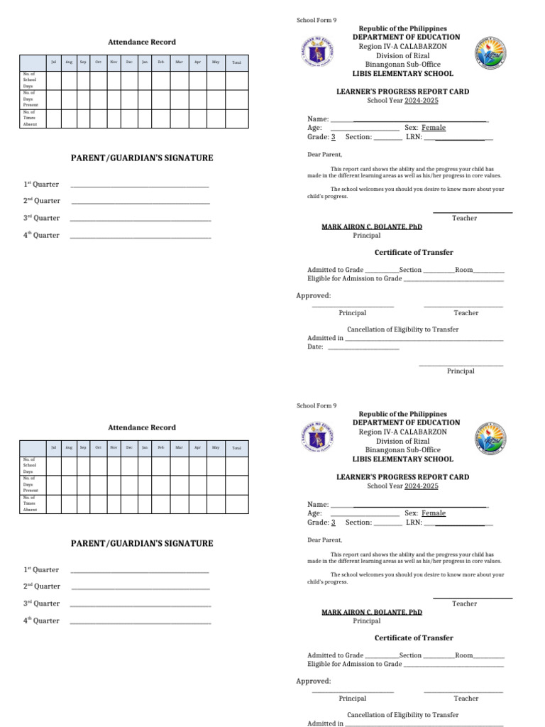 SF 9 - ES (Learner's Progress Report Card) - GRADES 3 - FRONT | PDF
