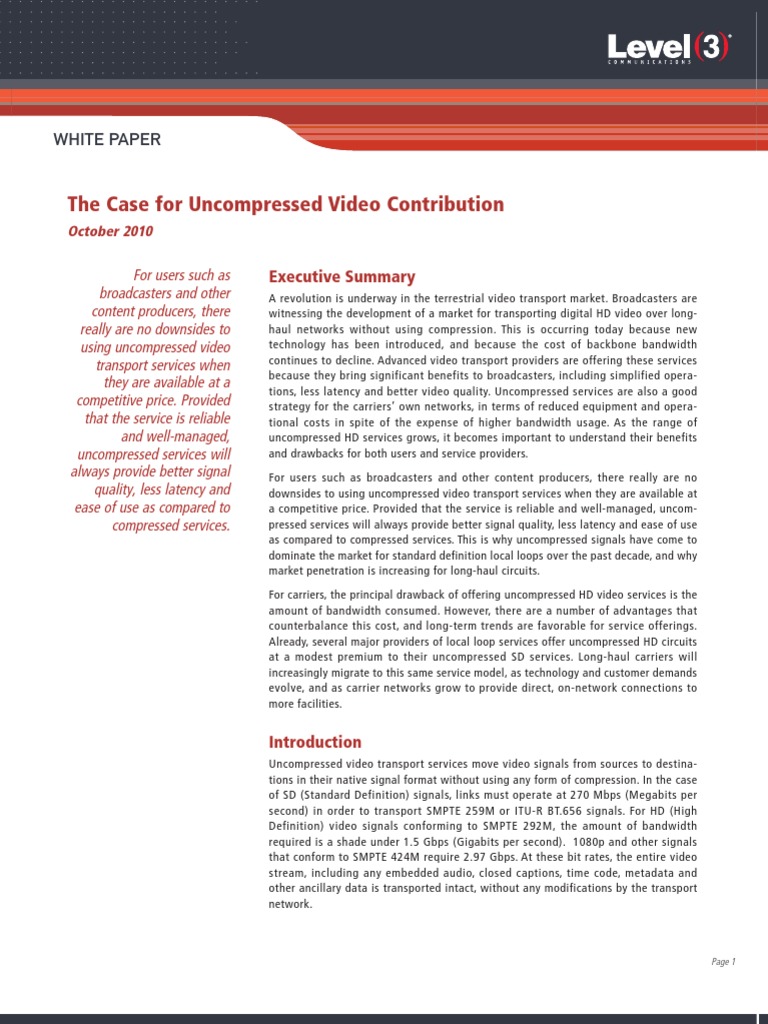 The Case For Uncompressed Video Contribution: White Paper | PDF | Data ...