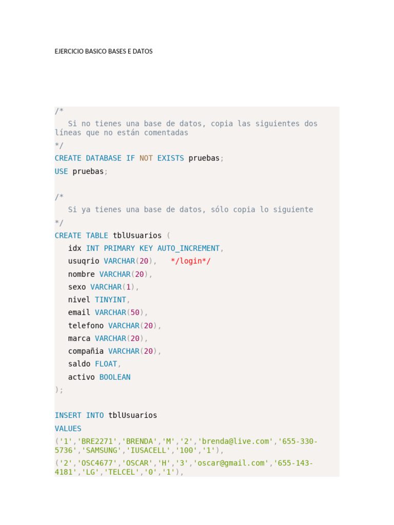 EJERCICIO BASICO BASES E DATOS Sin SOLUCION | PDF