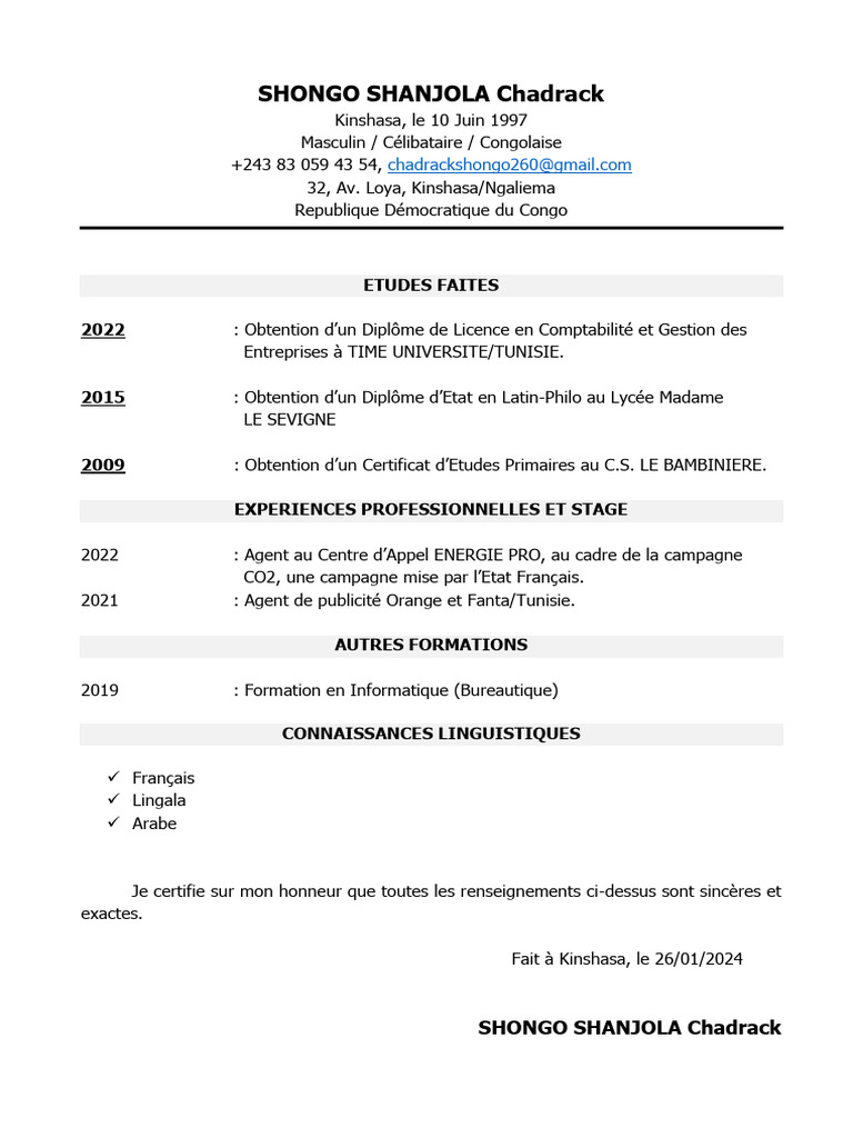 CV Shongo Shanjola Chadrack | PDF