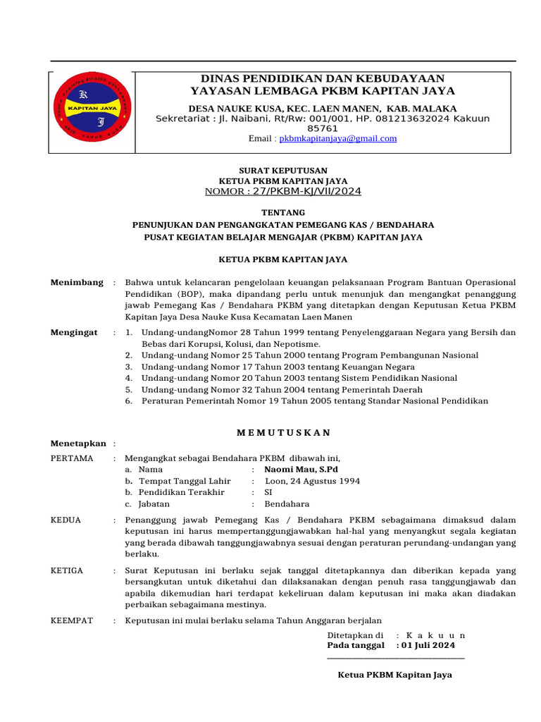 425559144-Sk-Bendahara-Pkbm-2019 | PDF