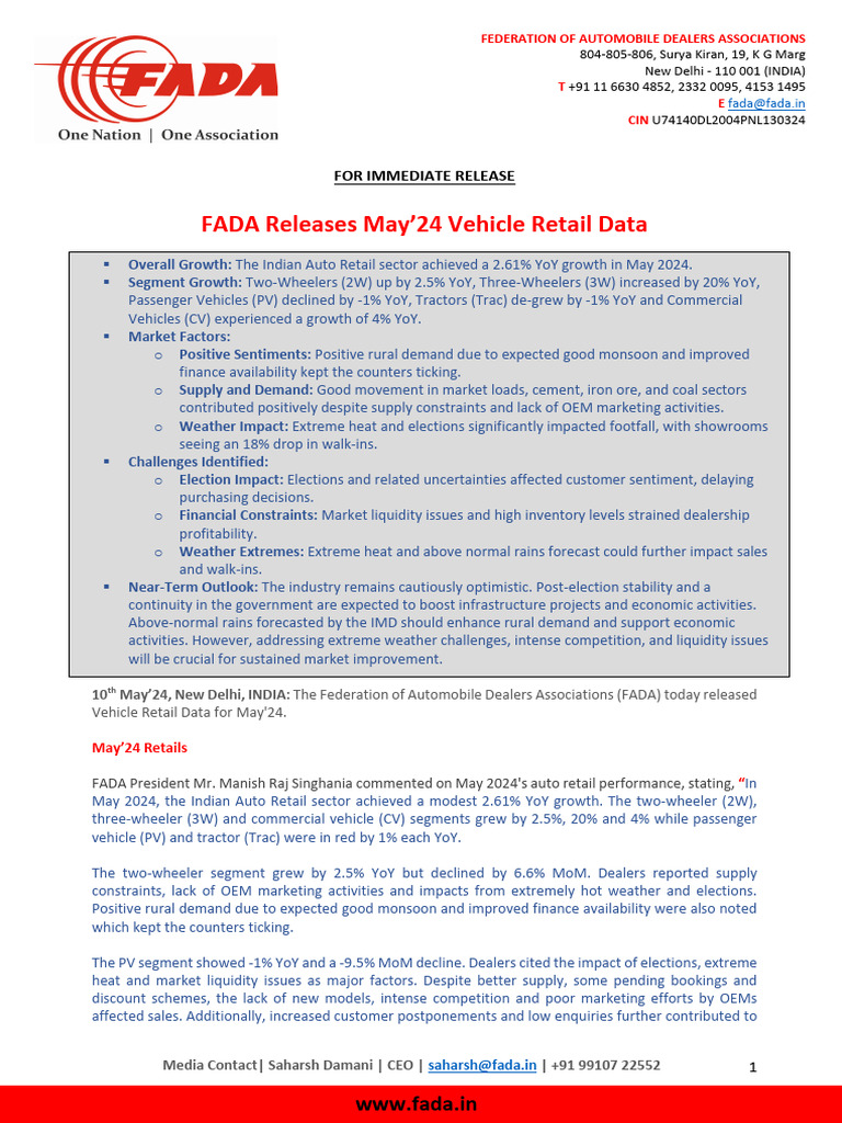 16666733b69de8FADA Releases May 2024 Vehicle Retail Data | PDF