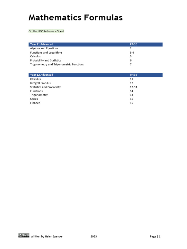 Mathematics Adv Formula Sheet | PDF