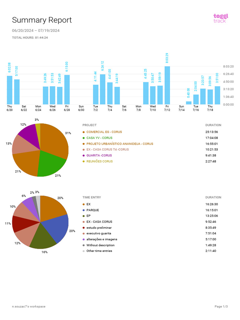 Toggl Track Summary Report 2024-06-20 2024-07-19 | PDF