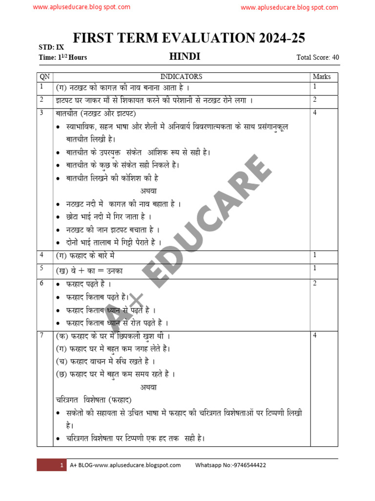 A+ Blog-Std-Hindi - First Term Exam 2024-25 Ans Key | PDF