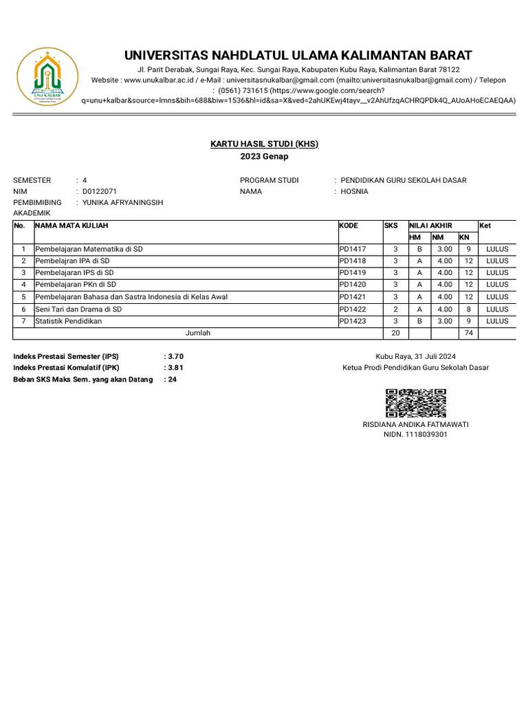 Kartu Hasil Studi (KHS) | PDF