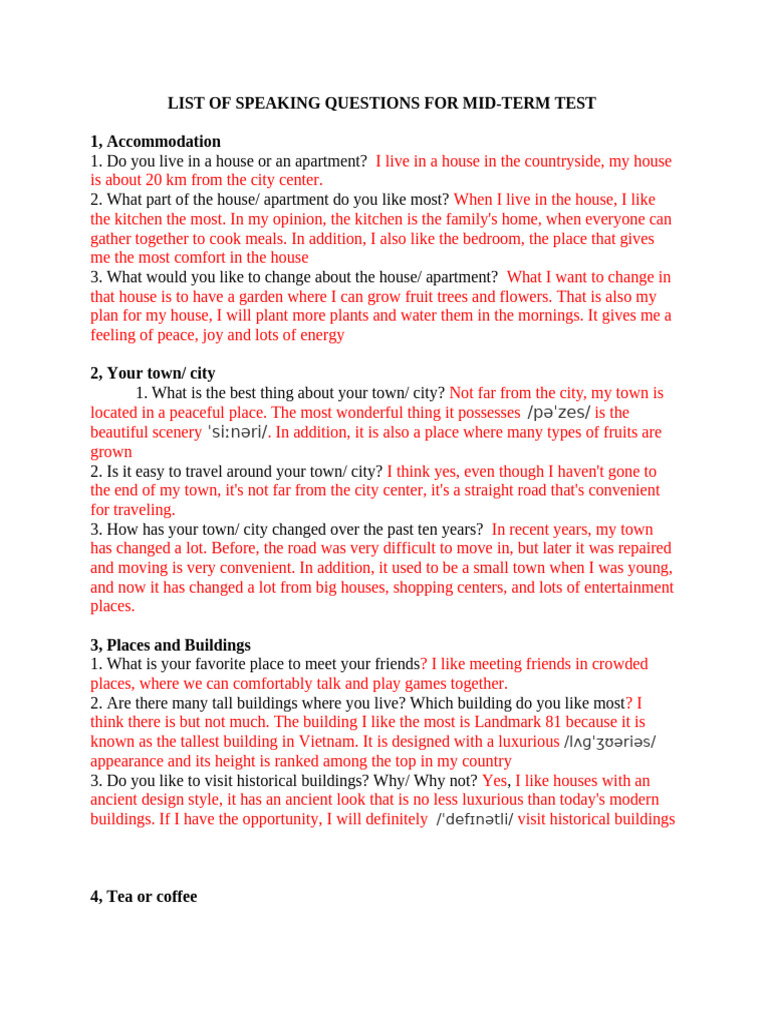 LIST OF SPEAKING QUESTIONS FOR MID.. | PDF