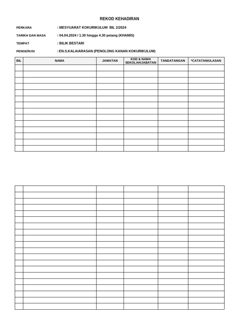 Contoh Pk07 2 Rekod Kehadiran 2019 Pdf