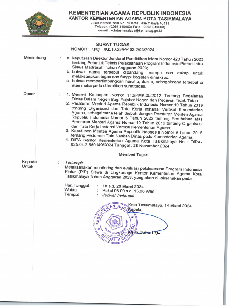 Surat Tugas Monitoring PIP | PDF