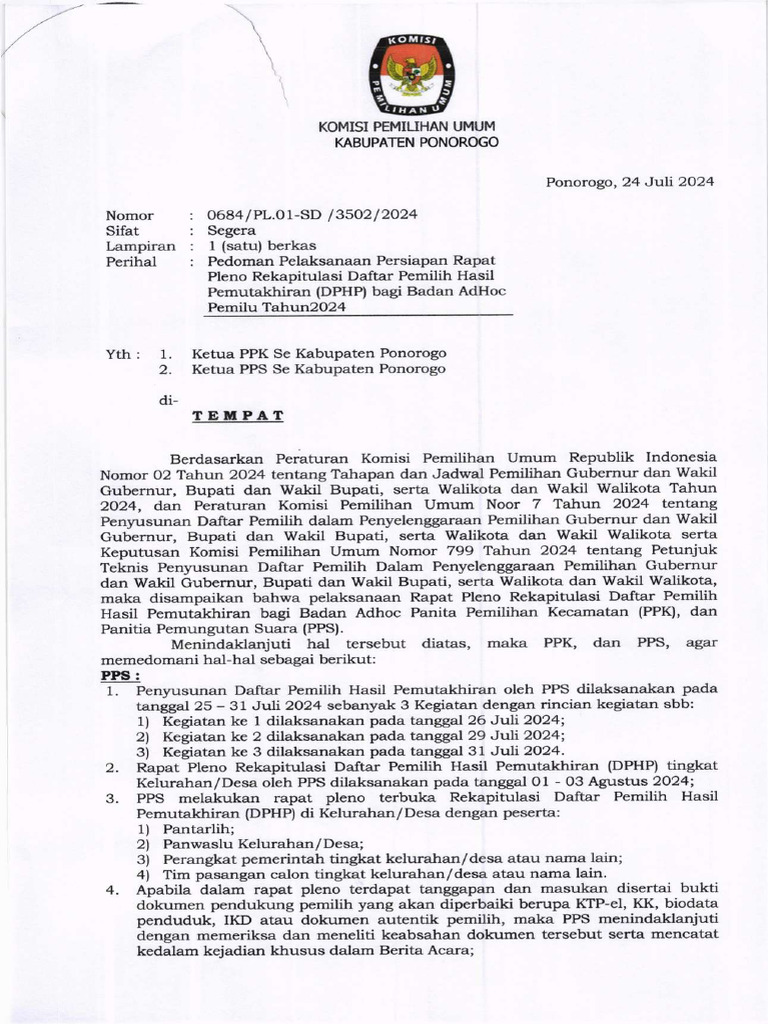 Pedoman Pelaksanaan Persiapan Rapat Pleno Rekap DPHP | PDF