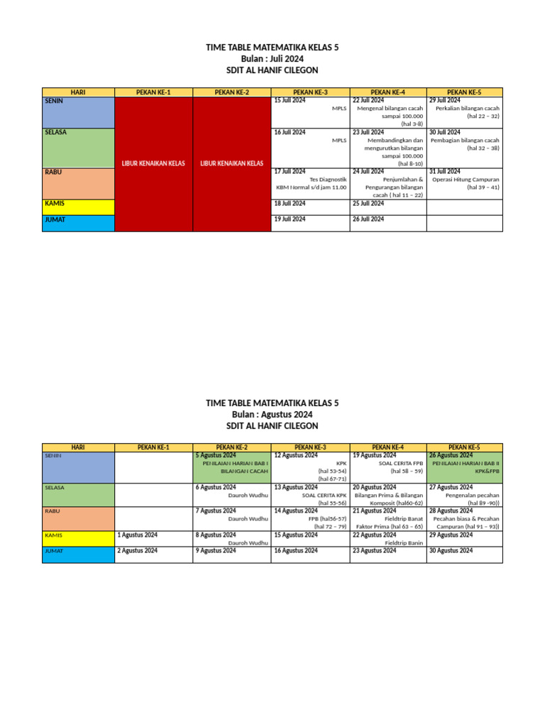 TIME TABLE MATEMATIKA KELAS 5 | PDF