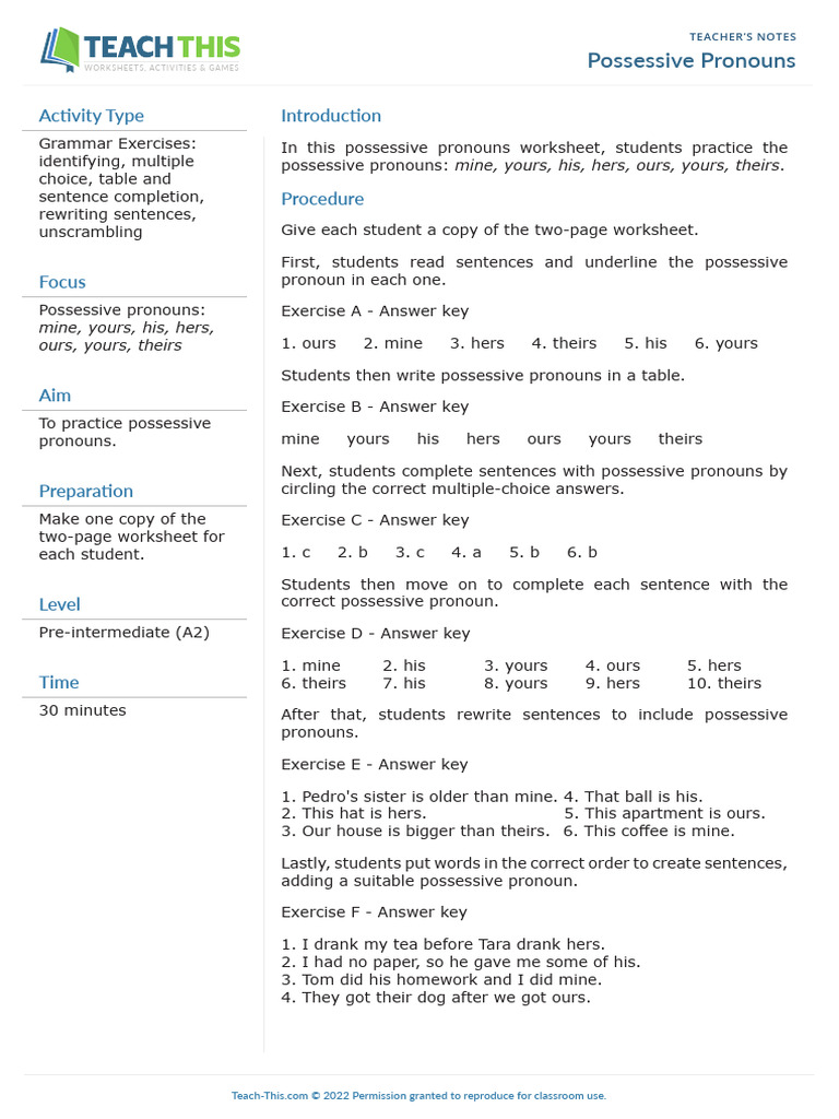 Possessive Pronouns Worksheet | PDF