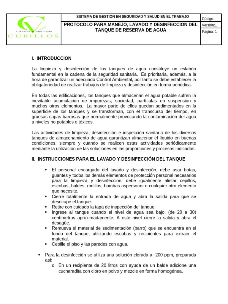 Protocolo para Lavado de Tanques de Reserva de Agua | PDF
