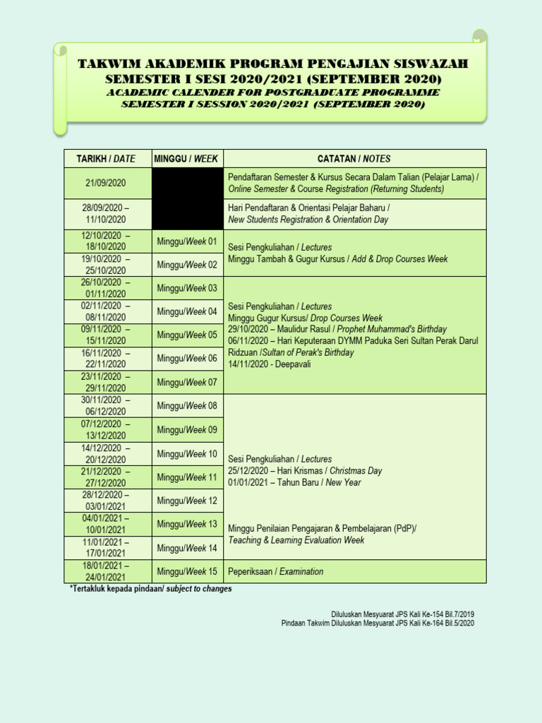 Takwim Sem1 2020 - 2021 | PDF