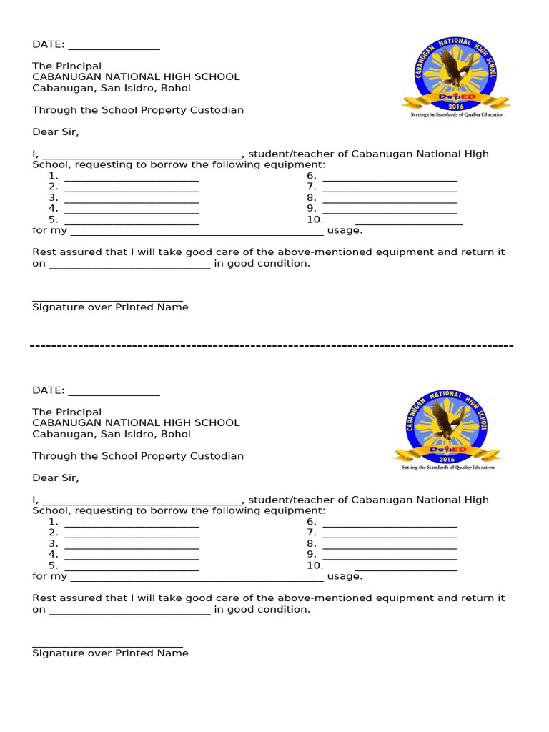 Intent Letter of Borrowing Equipments | PDF