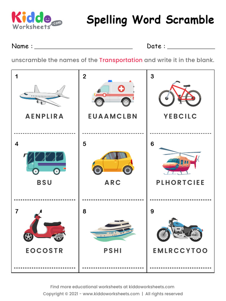 Spelling Word Scramble Transportation Worksheet | PDF