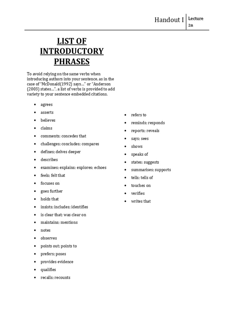 List of Introductory Phrases | PDF