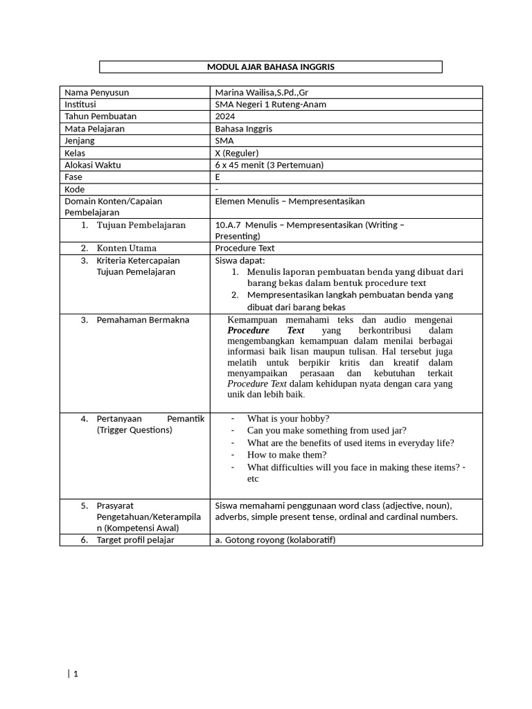 MODUL AJAR BAHASA INGGRIS Procedure Text | PDF