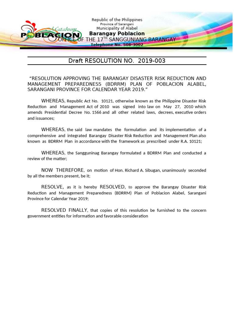 DRAFT RESO. 2019-003 of CBDRP | PDF