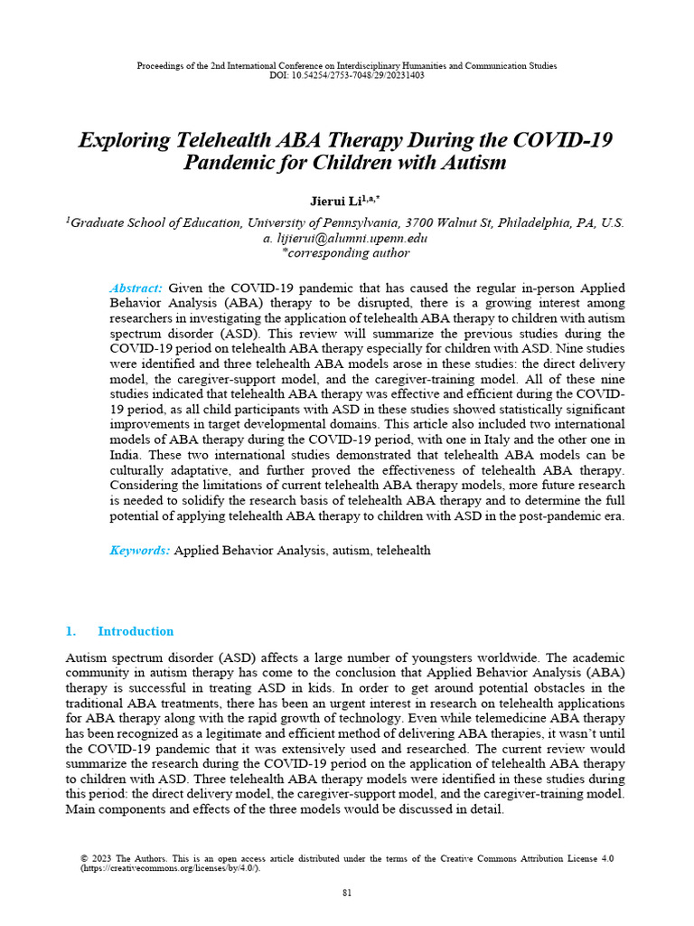 Exploring Telehealth ABA Therapy During The COVID | PDF