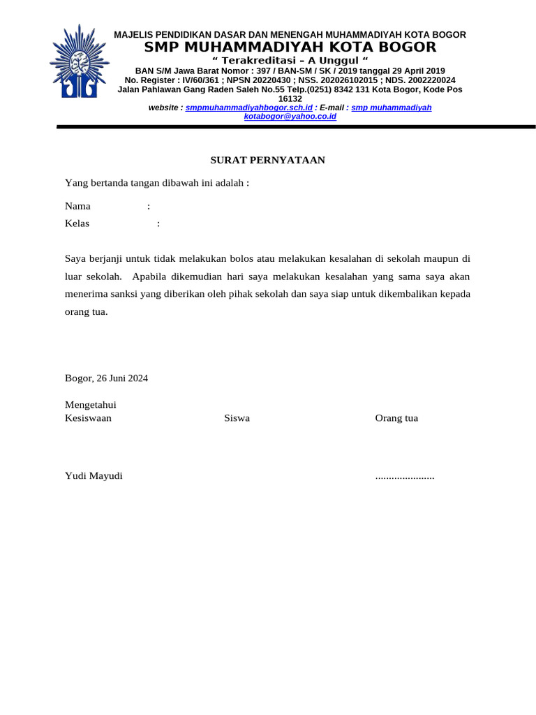 SURAT PERNYATAAN Bolos Atau Tidak Masuk Sekolah GIlang Ramadhan | PDF