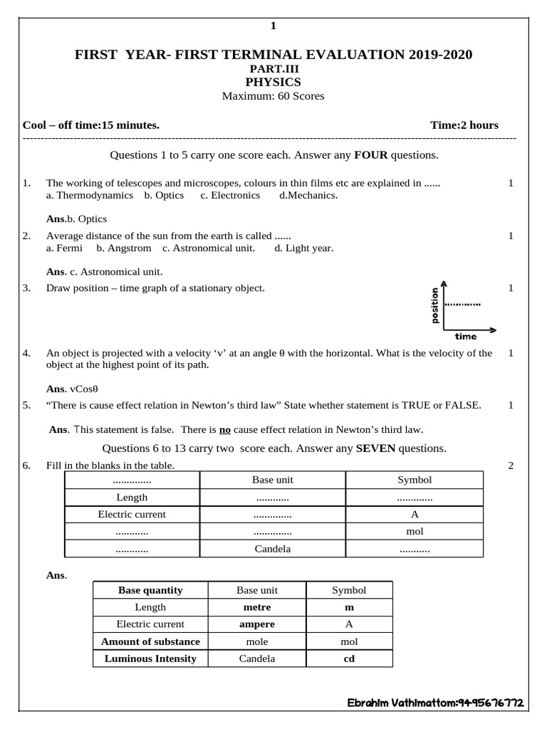 Kerala +1 Physics Answer Key 2019 | PDF