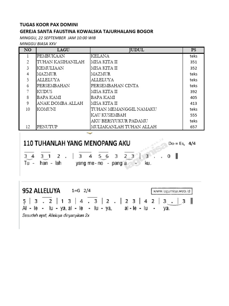 Daftar Lagu Pax Domini 22 Sept 2024 | PDF