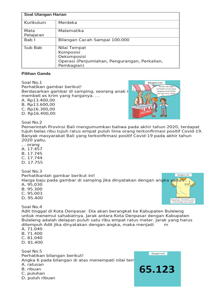 Soal Matematika Kelas 5 Bilangan Cacah Sampai 100000 Kurikulum Merdeka | PDF