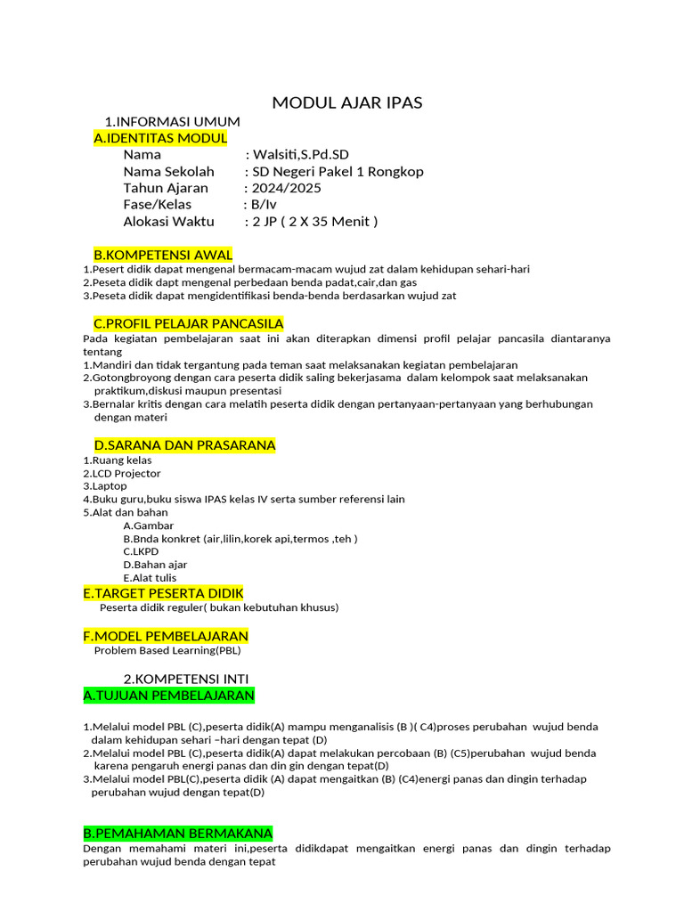 Modul Ajar IPAS Kelas IV: Perubahan Wujud Benda | PDF | Wellness ...