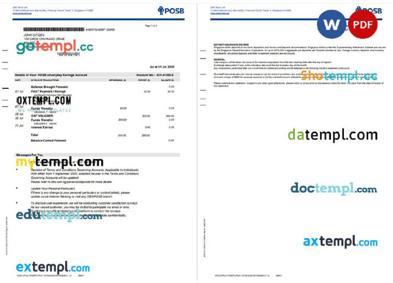 Doctempl - Singapore DBS Bank Statement Template in Word and PDF Format, 2 Pages | PDF