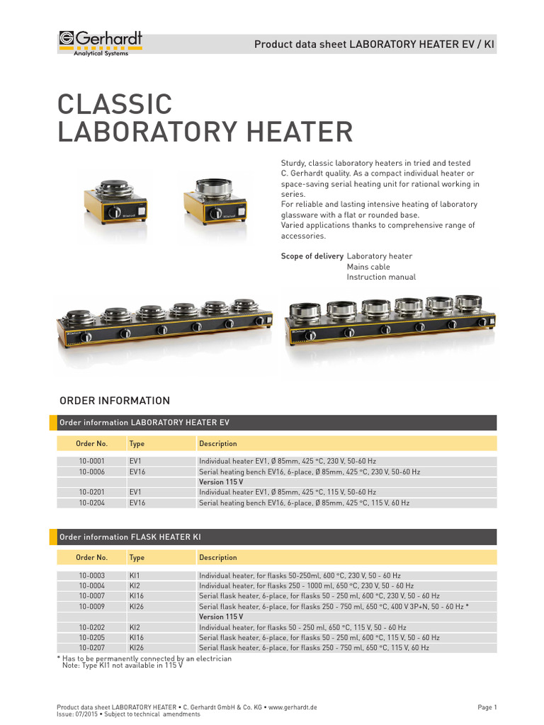 Gerhardt Product Data Laboratory Heater EV KI | PDF