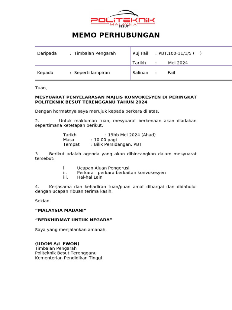 MEMO PERHUBUNGAN - Mesyuarat Majlis Konvokesyen | PDF