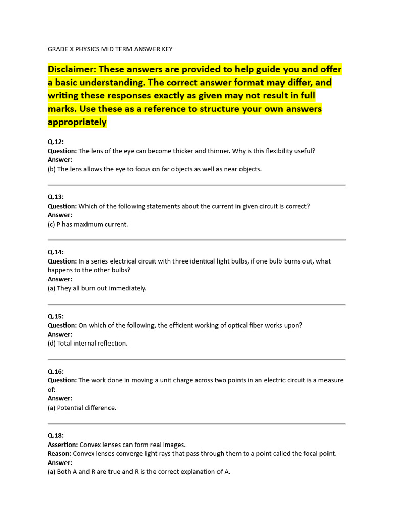 Grade X Physics Mid Term Answer Key | PDF