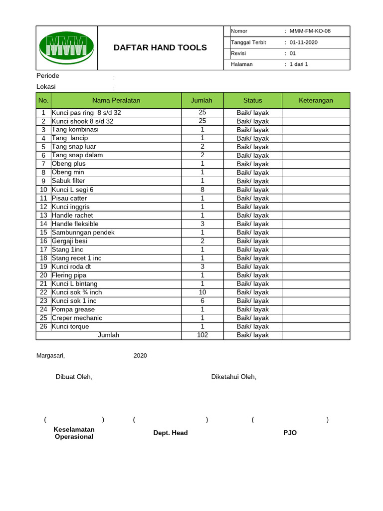 MMM-FM-KO-08_01 (Form Daftar Hand Tools) | PDF
