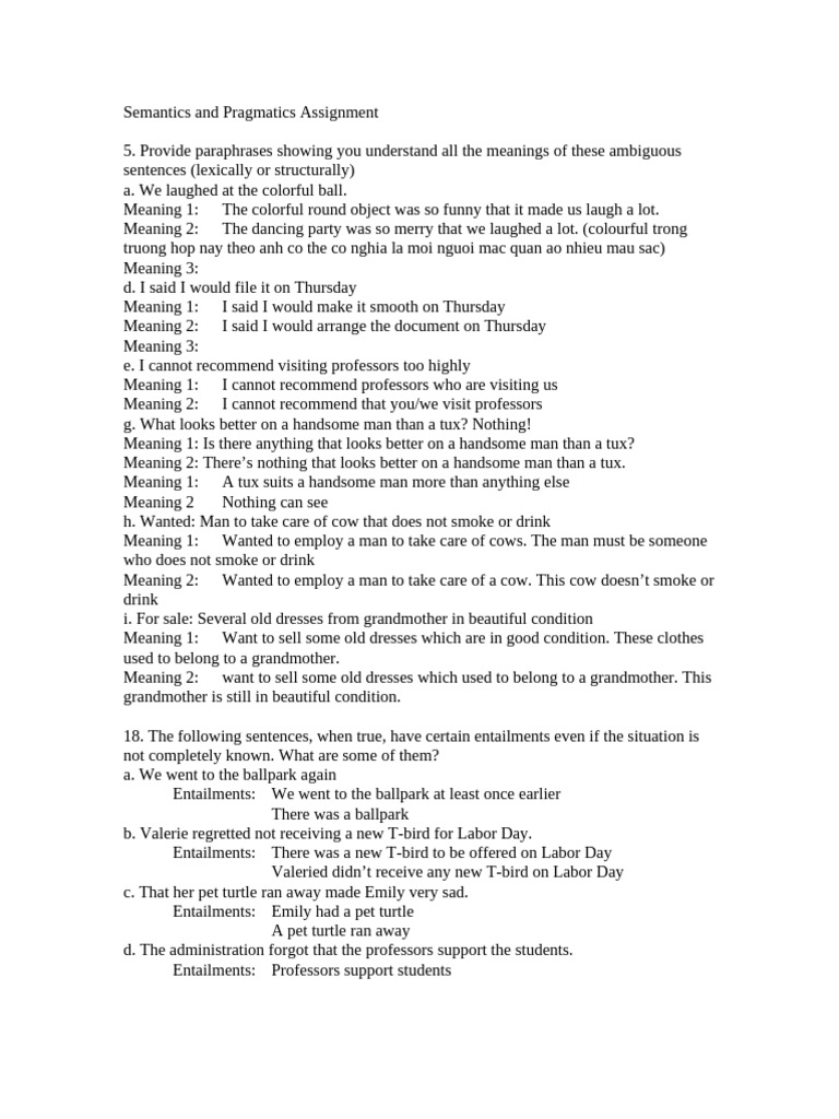 Semantics and Pragmatics Assignment | PDF | Grammar | Linguistics