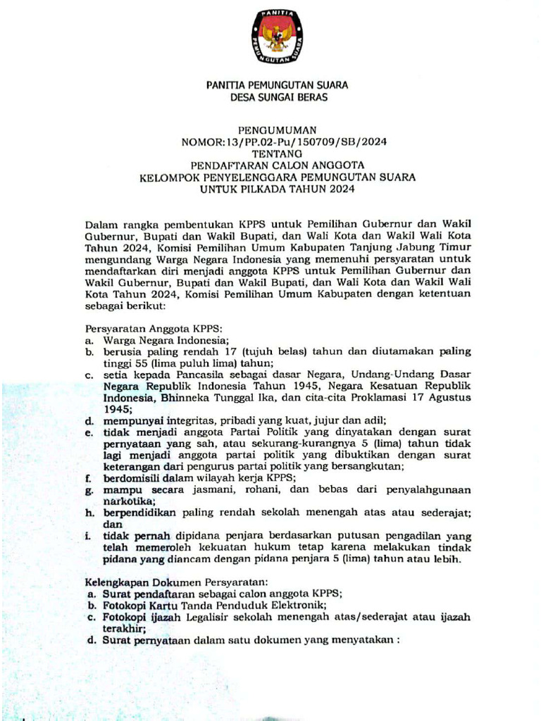 Pengumuman Pendaftaran KPPS Pilkada 2024 | PDF