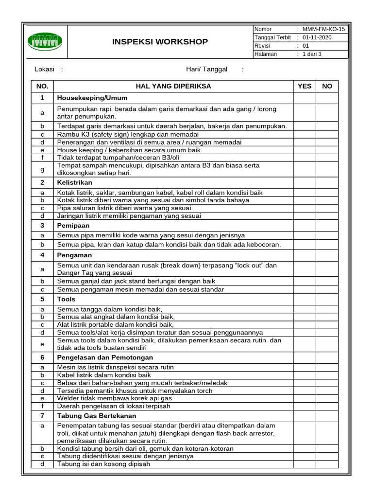 MMM-FM-KO-15 - 01 (Form Inpeksi Workshop) | PDF