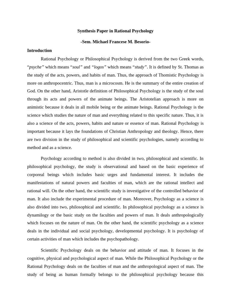 Synthesis Paper in Rational Psychology | PDF