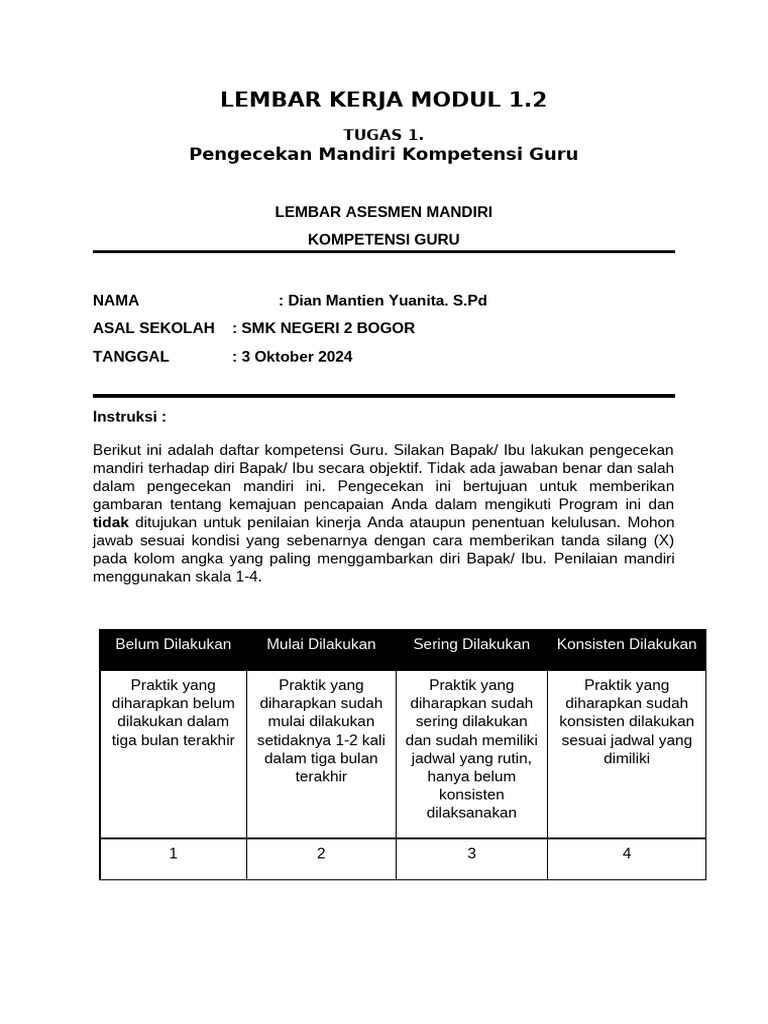 LK MODUL 1 2 LEVEL 1 Pengecekan Mandiri Kompetensi Guru OOM KOMALIYAH | PDF
