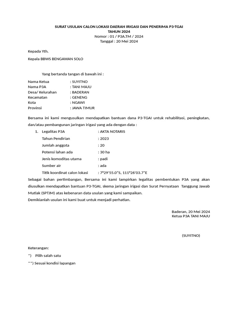 SURAT USULAN CALON LOKASI DAERAH IRIGASI DAN PENERIMA P3 | PDF