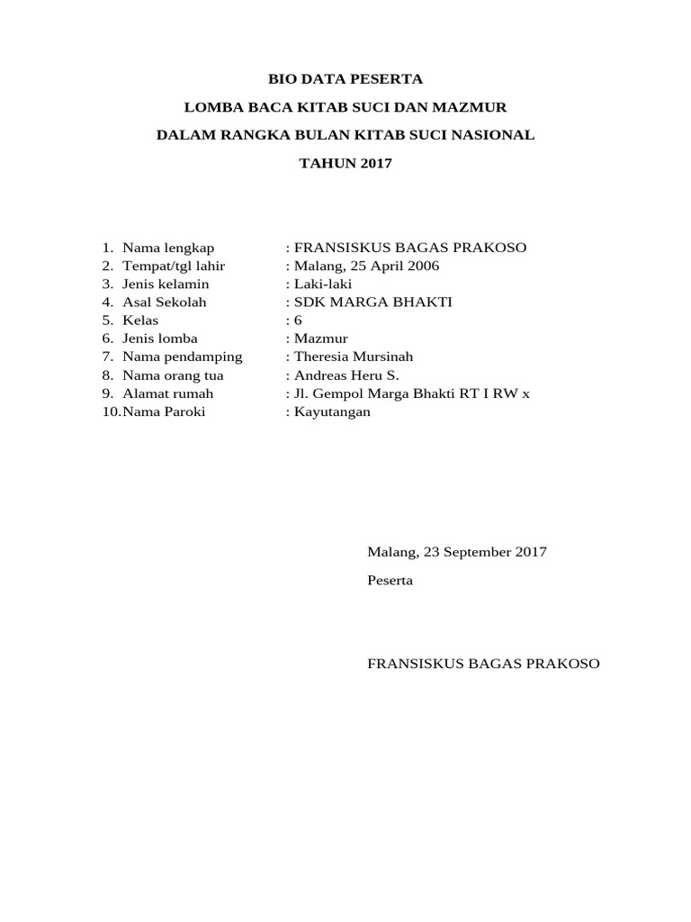 Biodata Peserta Lomba Baca Kitab Suci Dan Mazmur | PDF