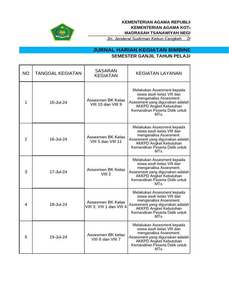 Jurnal Harian BK 8 2024 Ganjil | PDF