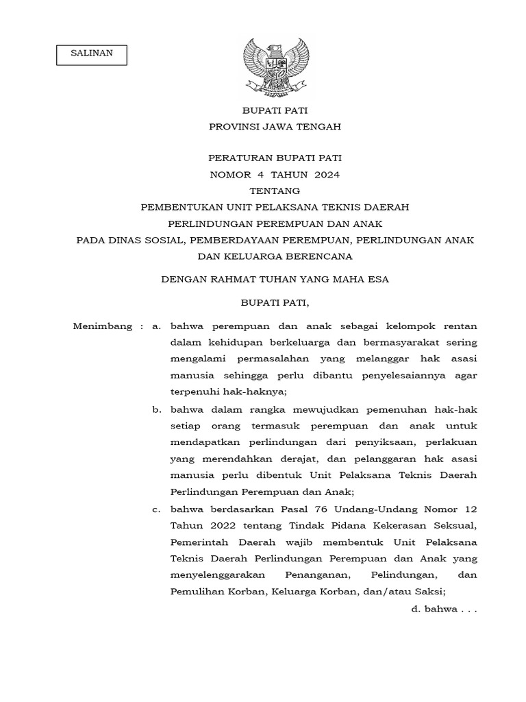 Perbup No 4 TH 2024 TTG Pembentukan Uptd Ppa | PDF