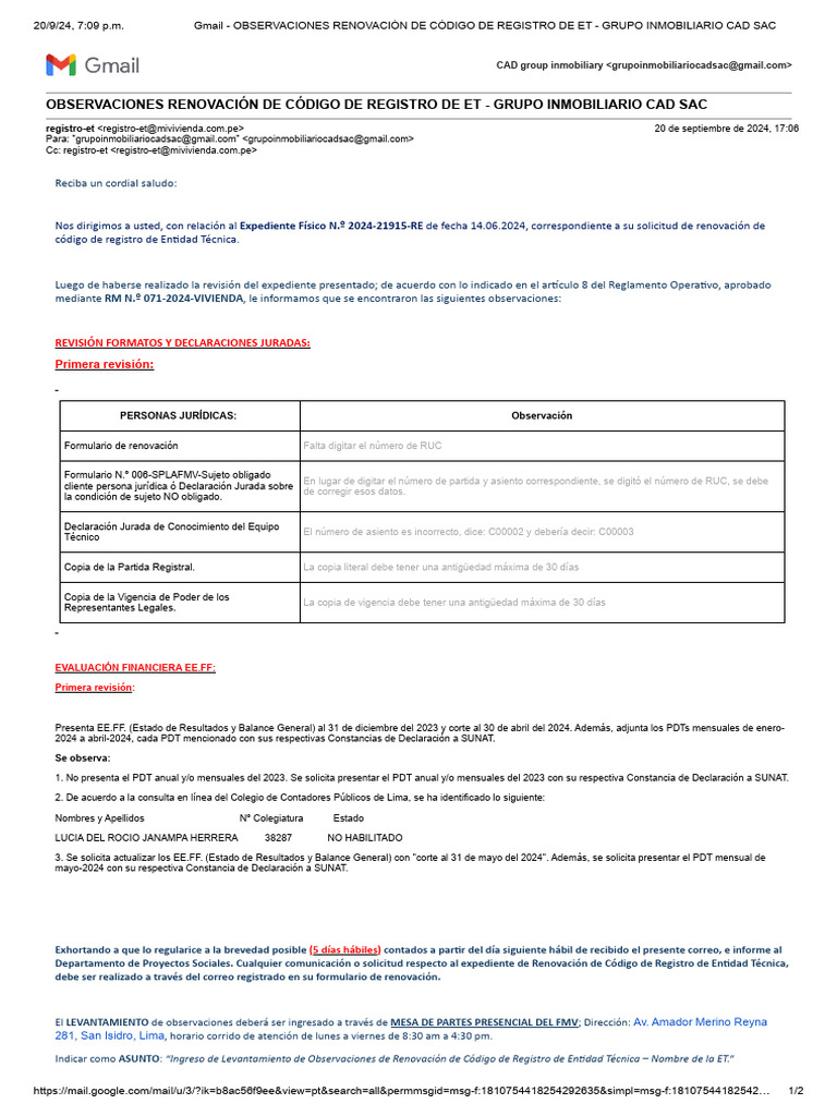 Gmail - Observaciones Renovación de Código de Registro de Et - Grupo Inmobiliario Cad Sac | PDF