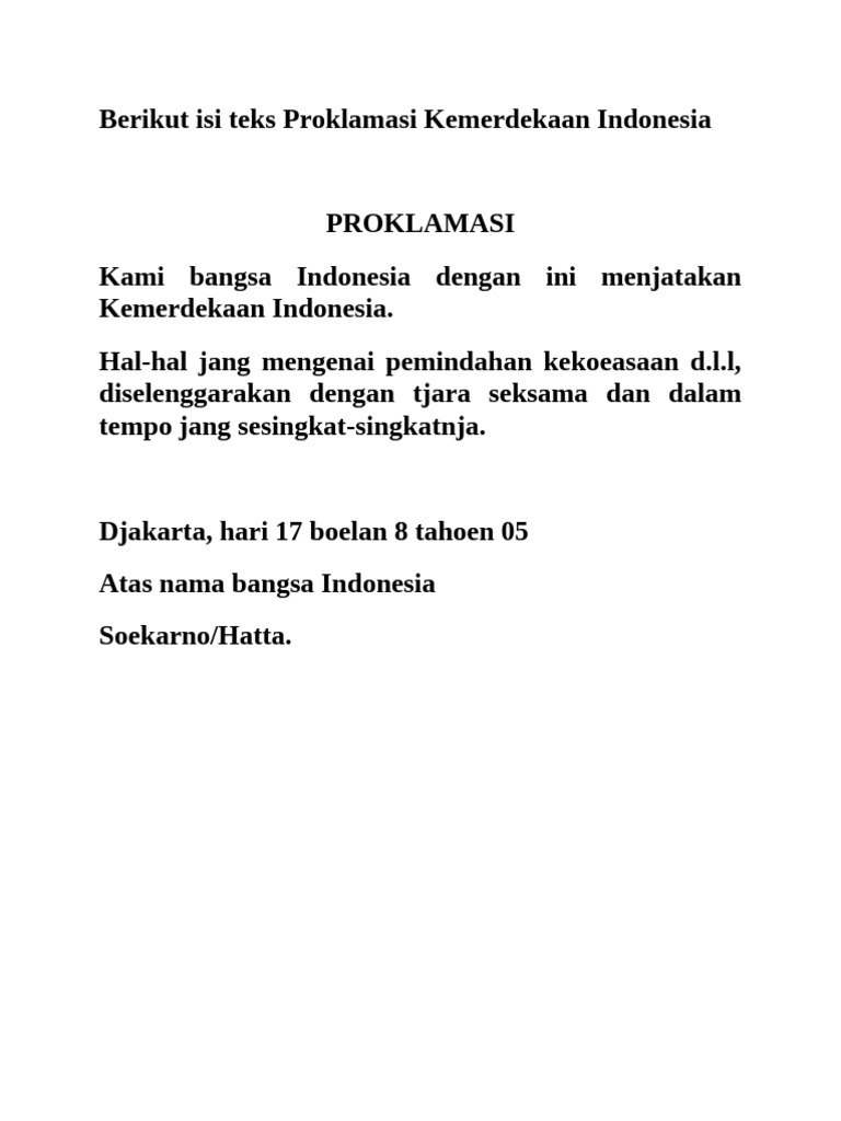 Berikut Isi Teks Proklamasi Kemerdekaan Indonesia | PDF